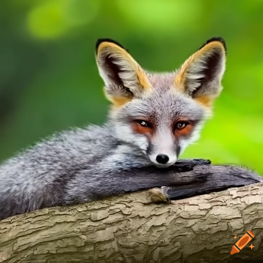 A silver little fox with three tails sleeps on a tree branch on Craiyon