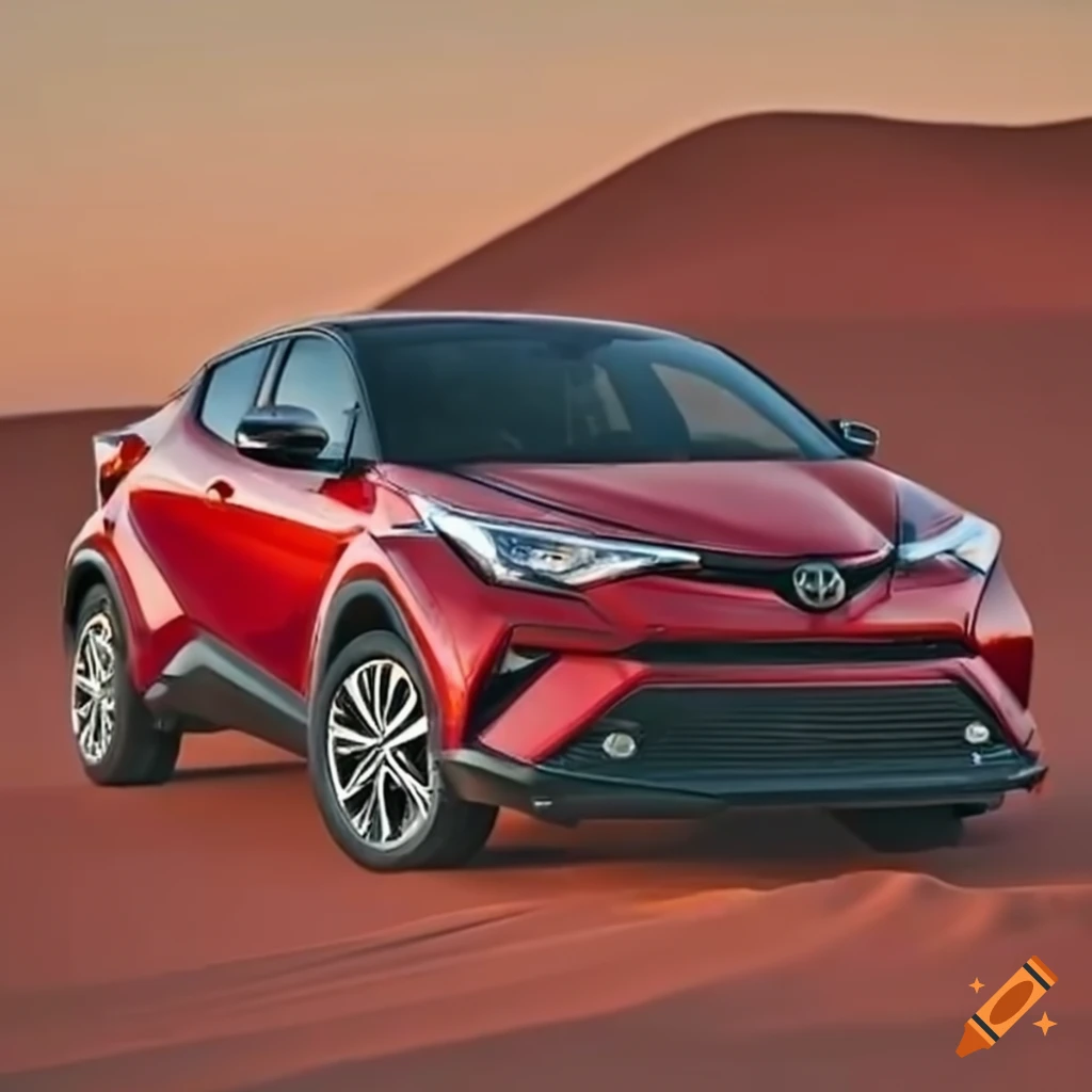 A red toyota chr drive in desert sand with on Craiyon