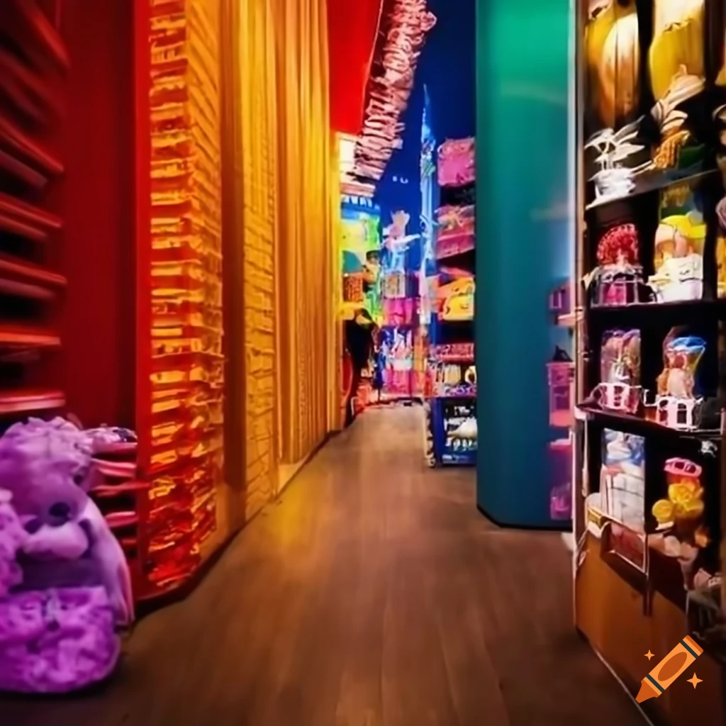 A colorful toy store in the middle of a gray metropolis