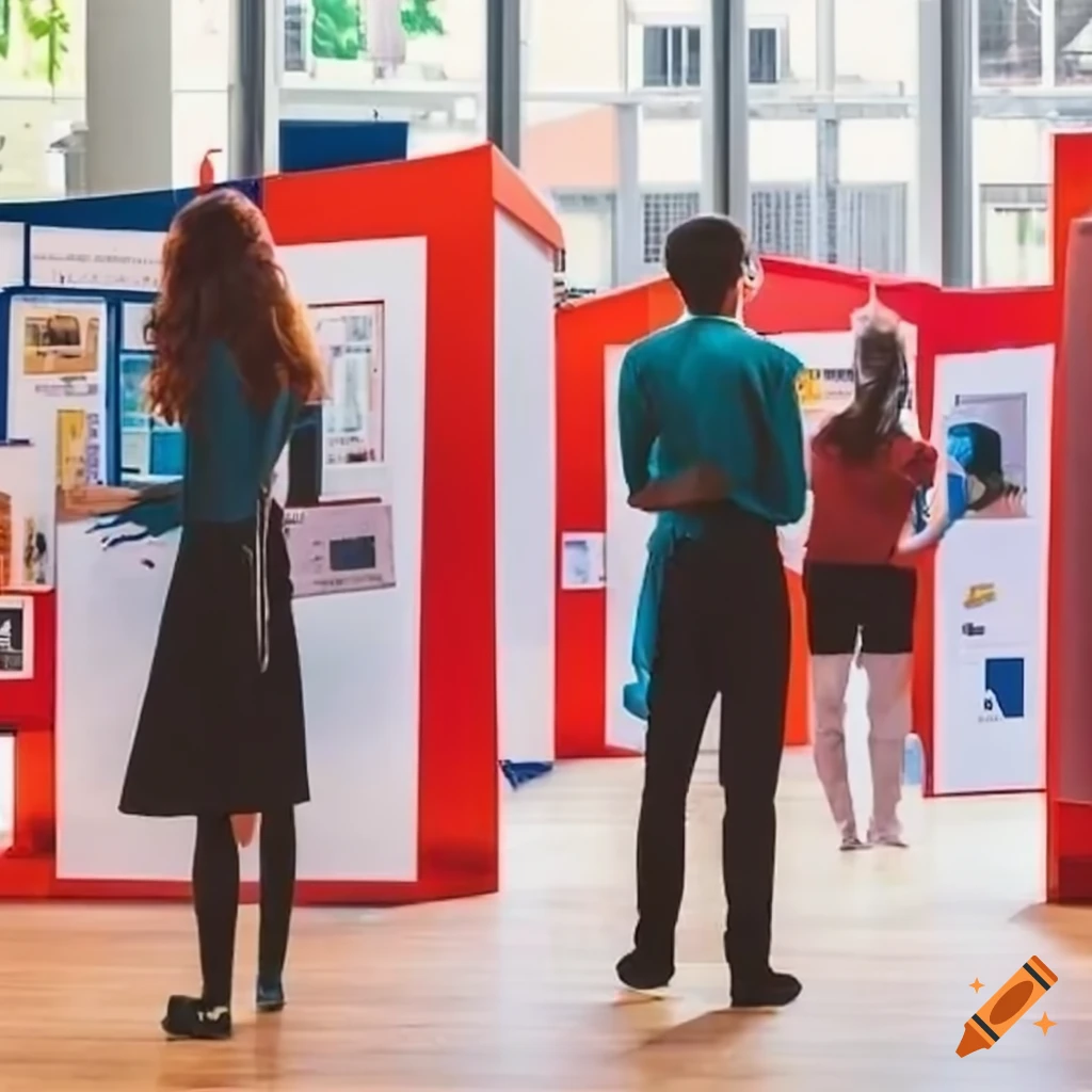 College students stand near a stand at an educational exhibition