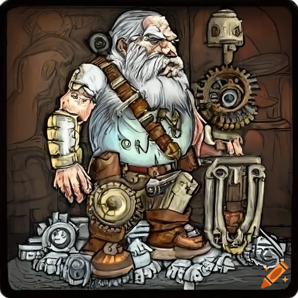 Steampunk dwarf mechanic surrounded by icy equipments