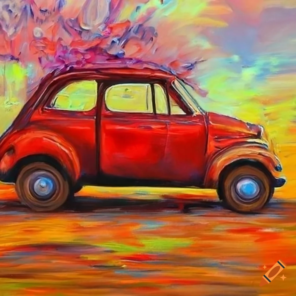 Painting of small Red car driving through africa in the style of nick ...