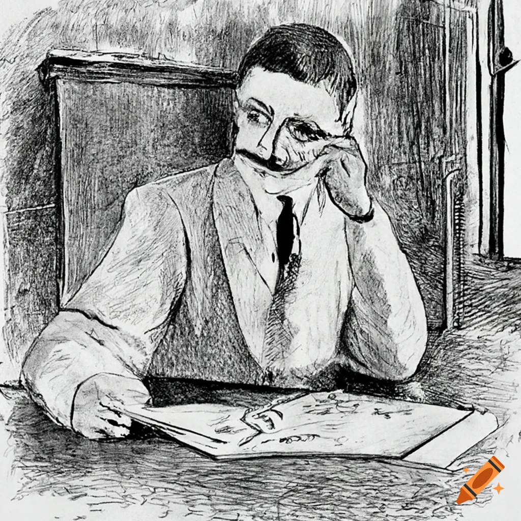 1920s journalist writing at a desk pencil drawing
