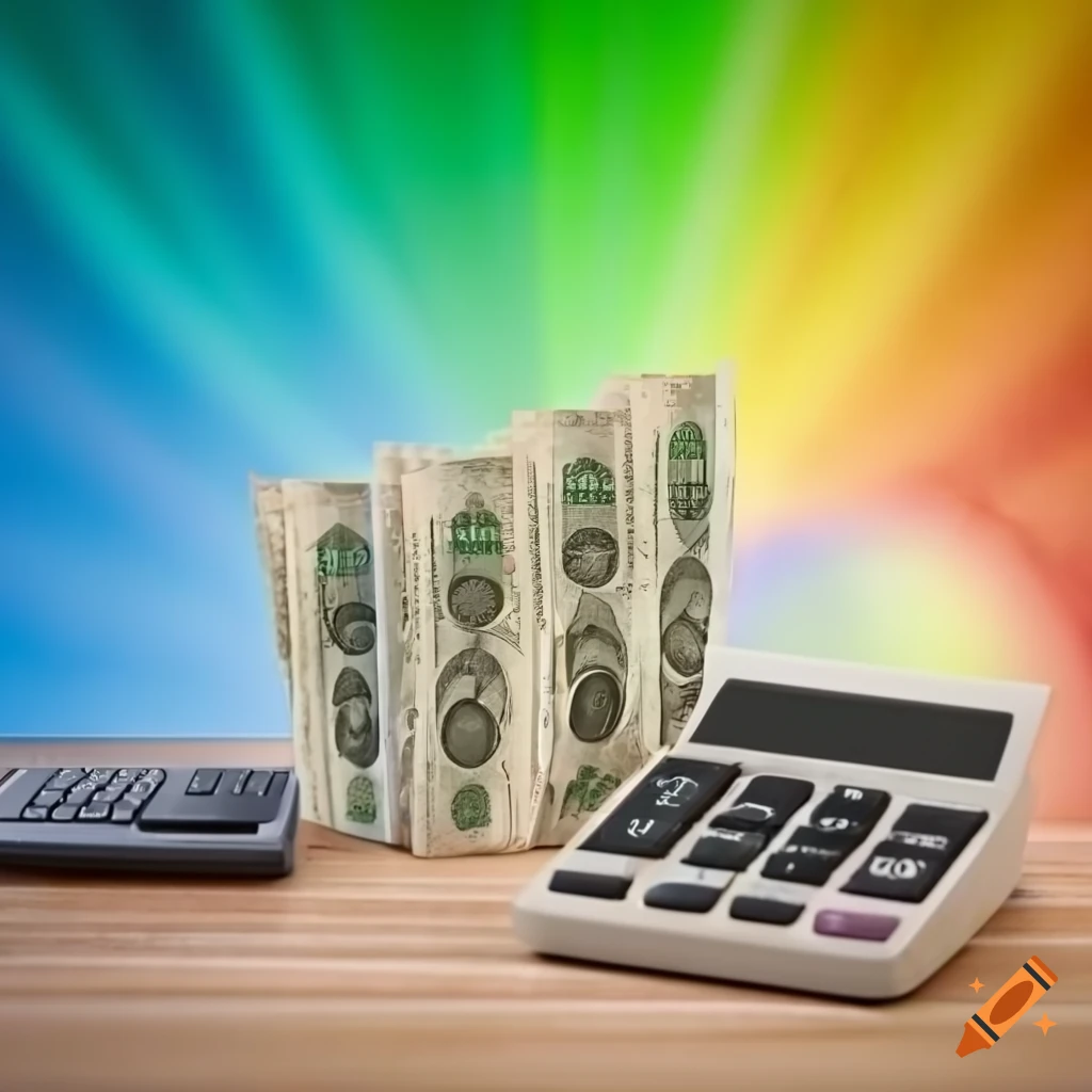Money bills and calculator on desk under a rainbow on Craiyon