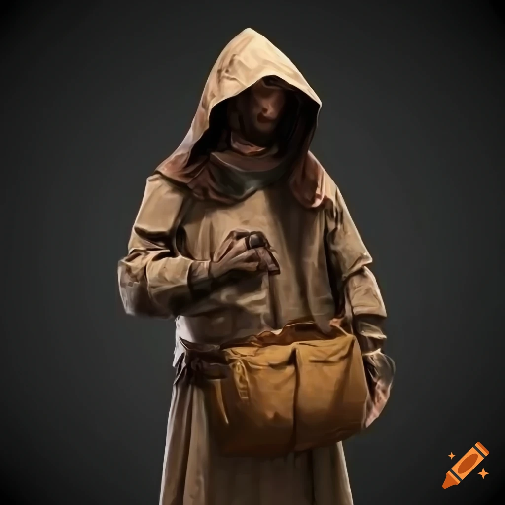 Hooded wandering medieval merchant with a sturdy bagpack and face ...