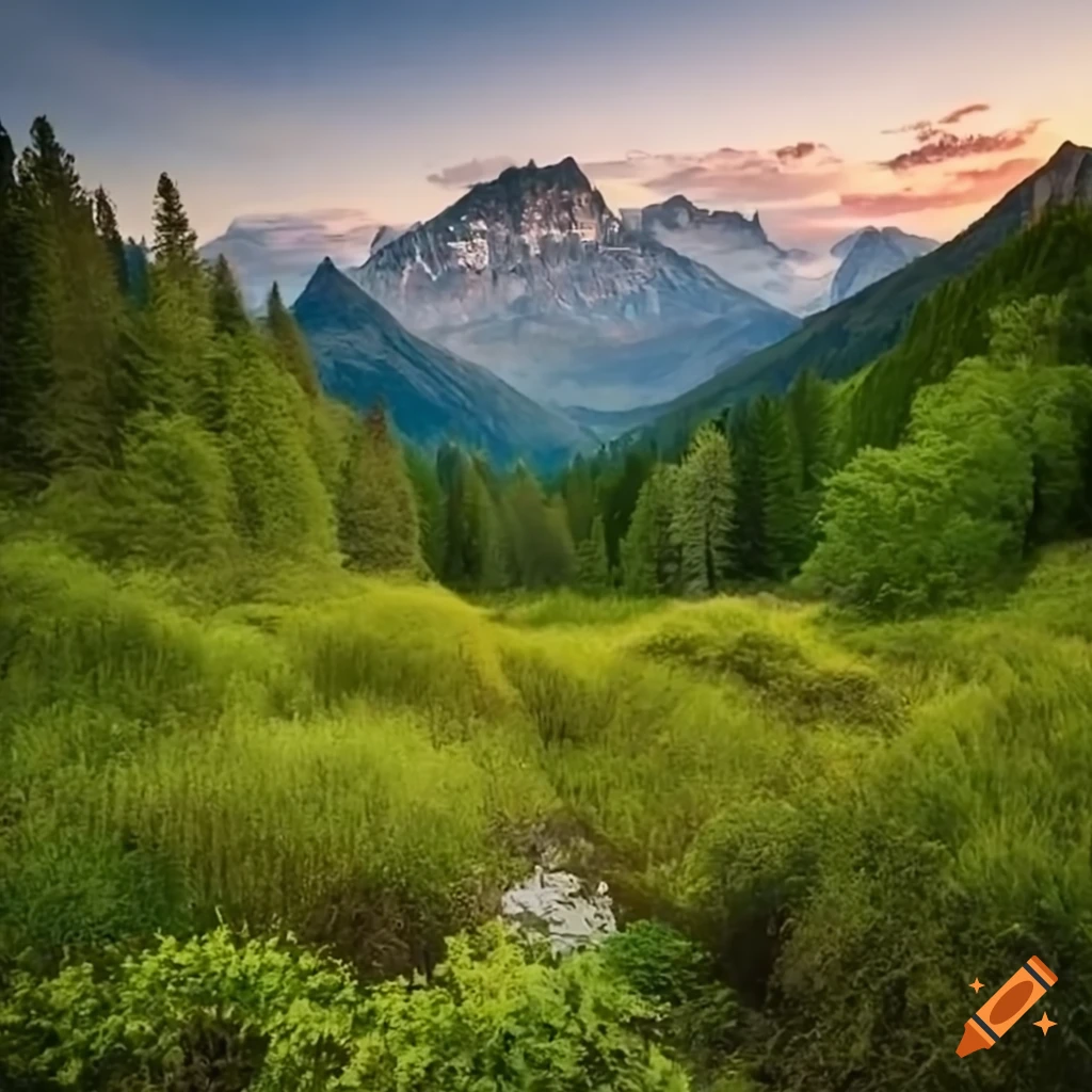 A landscape view of mountains and greenery