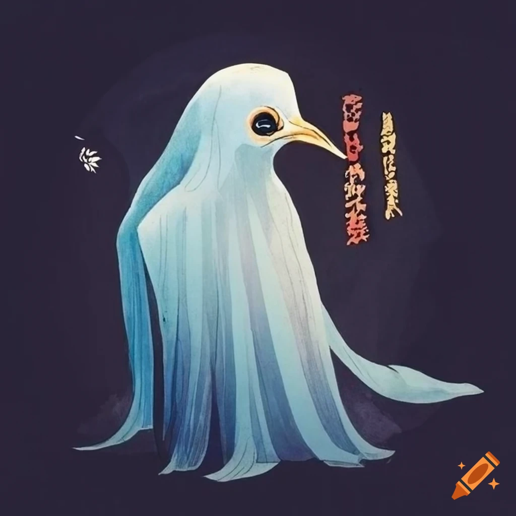 Bird in ghost costume woodblock style japan on Craiyon