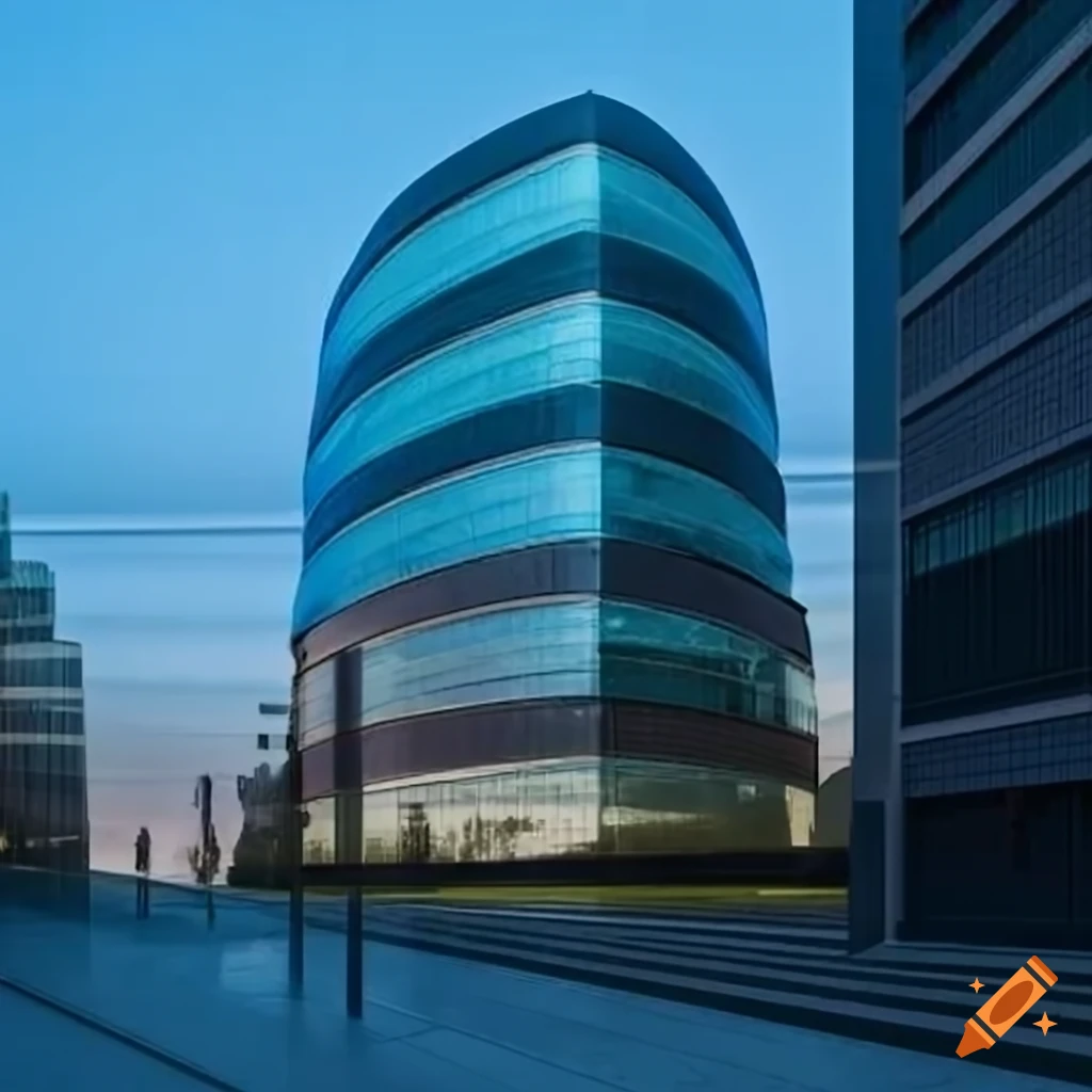 Generate an image of a futuristic tech company headquarters with a ...