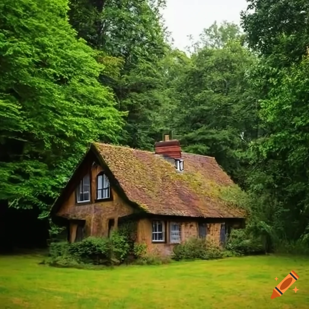 A cottage surrounded by towering trees with sprawling canopies of ...