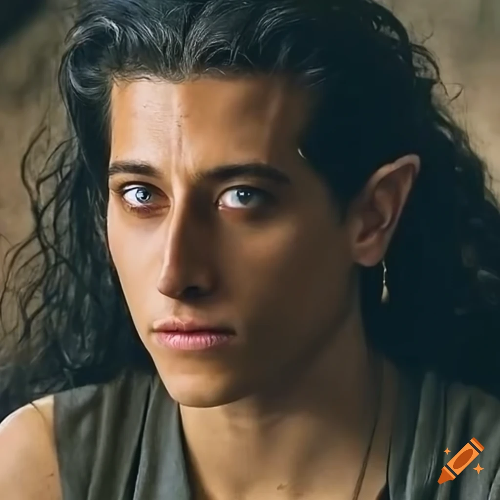 Rob Raco as a heroic elf in the Silmarillion, long hair on Craiyon