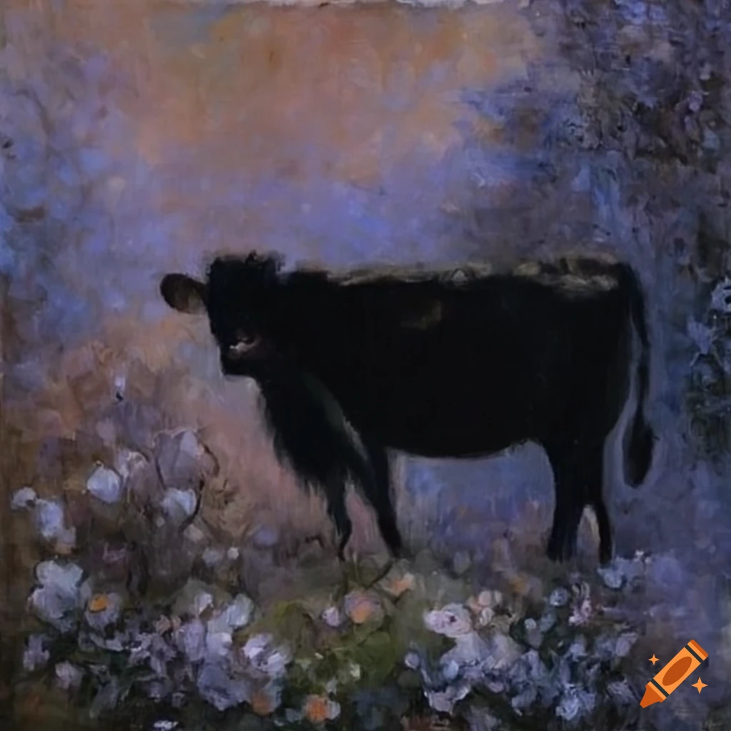 A black cow, flowers blooming in winter, monet aesthetic