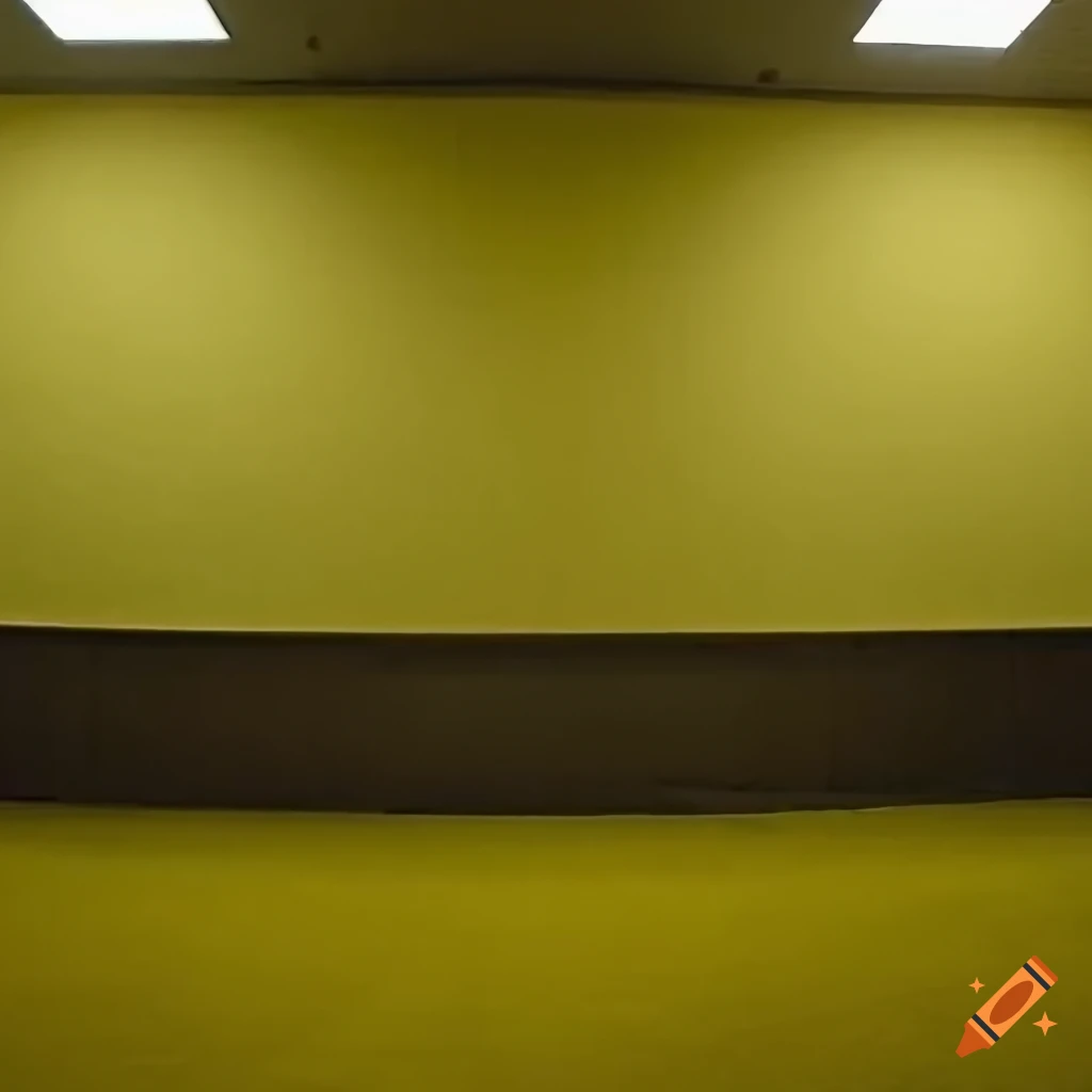 Real life, liminal space, a yellow office space, with pillars, and a ...