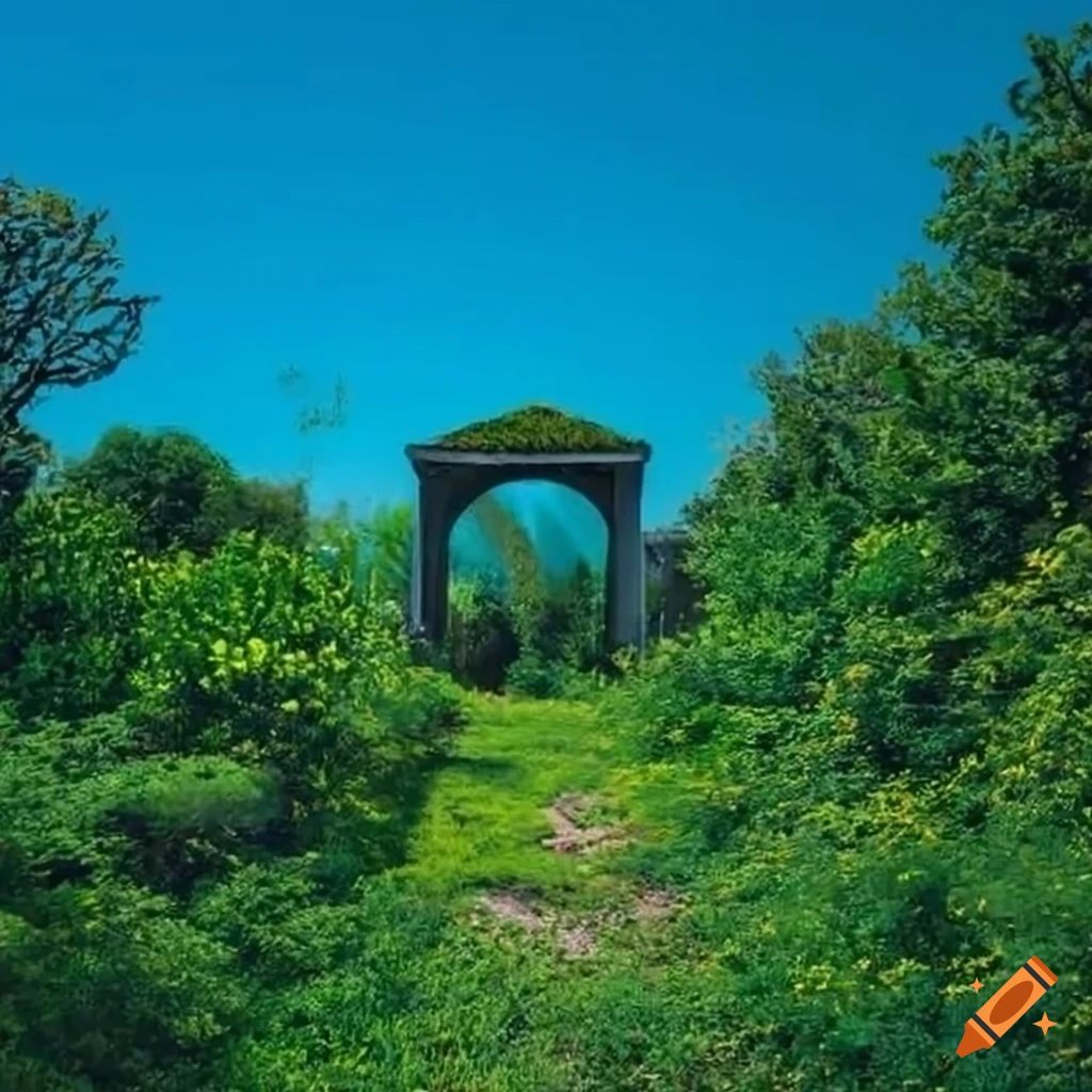 An abandoned garden overtaken by nature after a catastrophe with blue sky on Craiyon