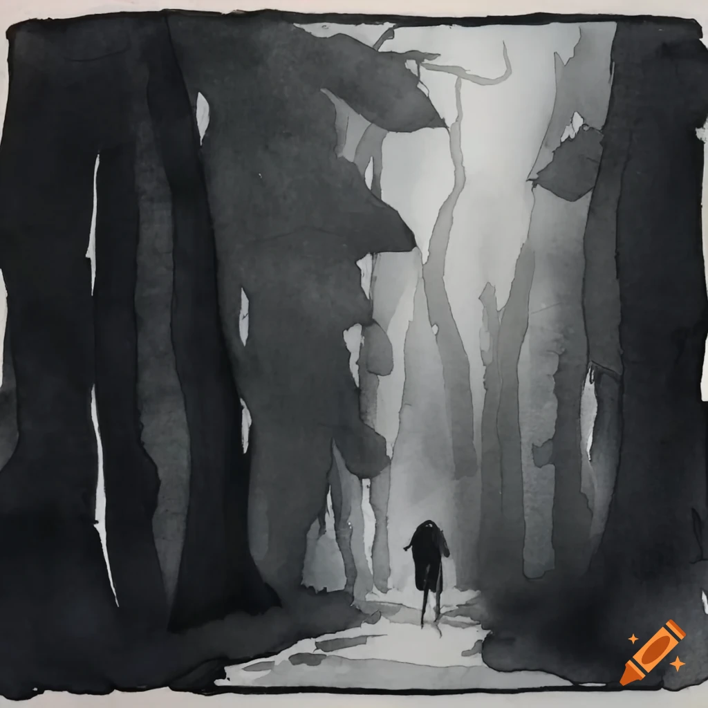 Wanderer in the rain , seen from behind, black and white, expressionism