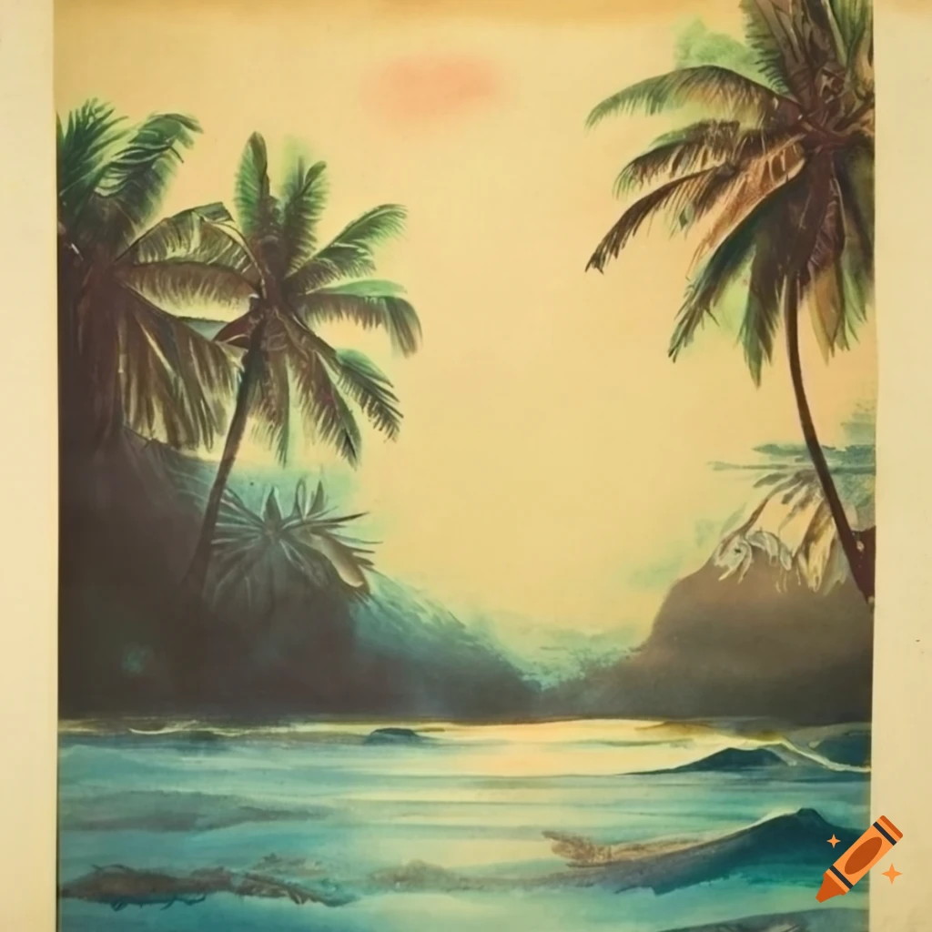 Vintage 1950s tropical island scene faded on paper