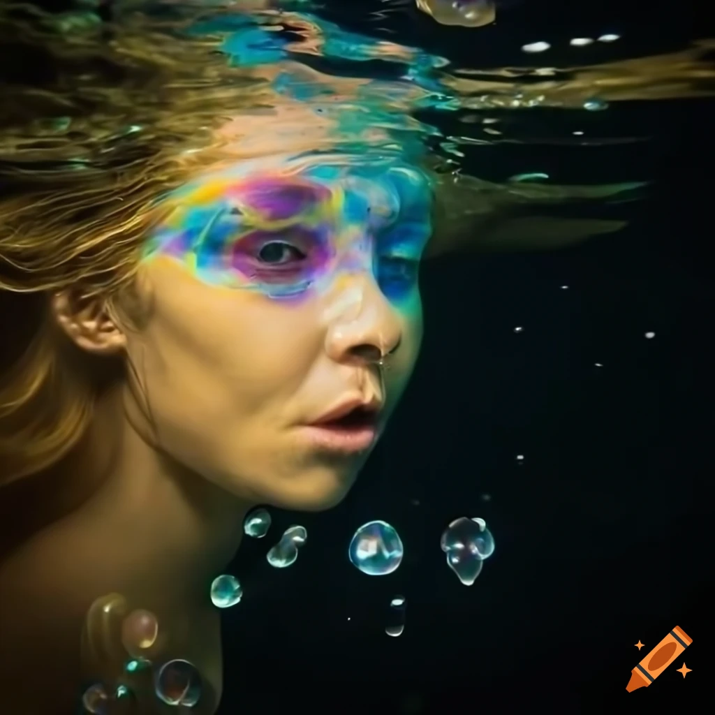 Underwater portrait of a woman with bubbles and reflection, colorful on ...