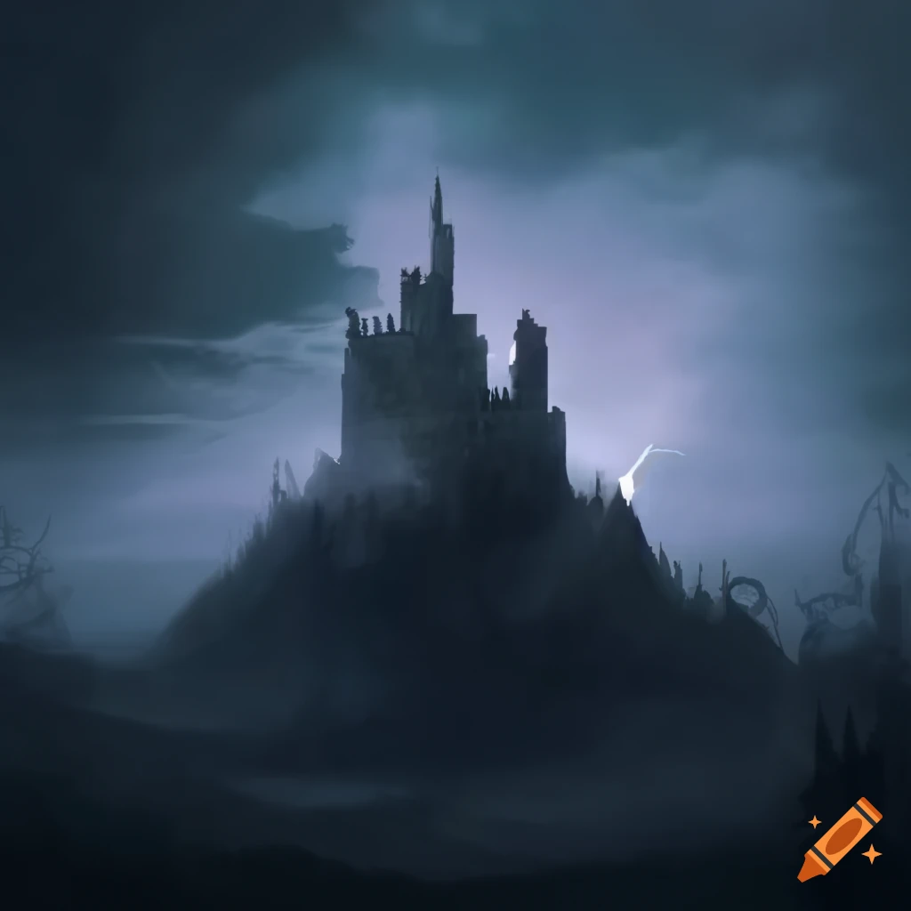 Create an eerie and gothic scene of a foreboding castle atop a desolate ...