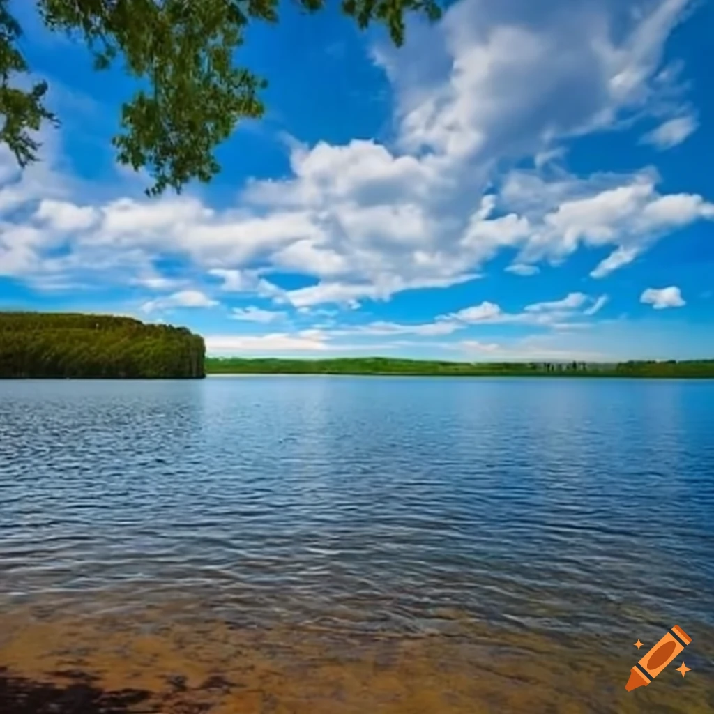 A private lake and beach with blue skies and sunshine