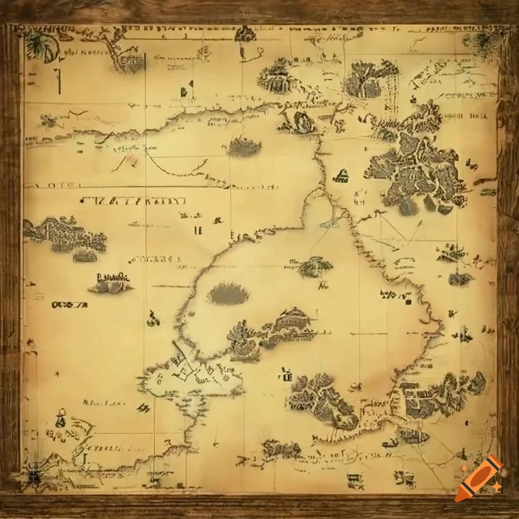 Antique fantasy map with intricate details of mysterious lands