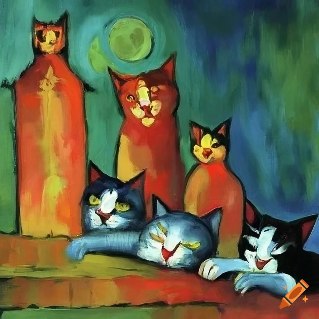 Four tired goofy cats, singing, sitting on an old wooden backyard fence ...