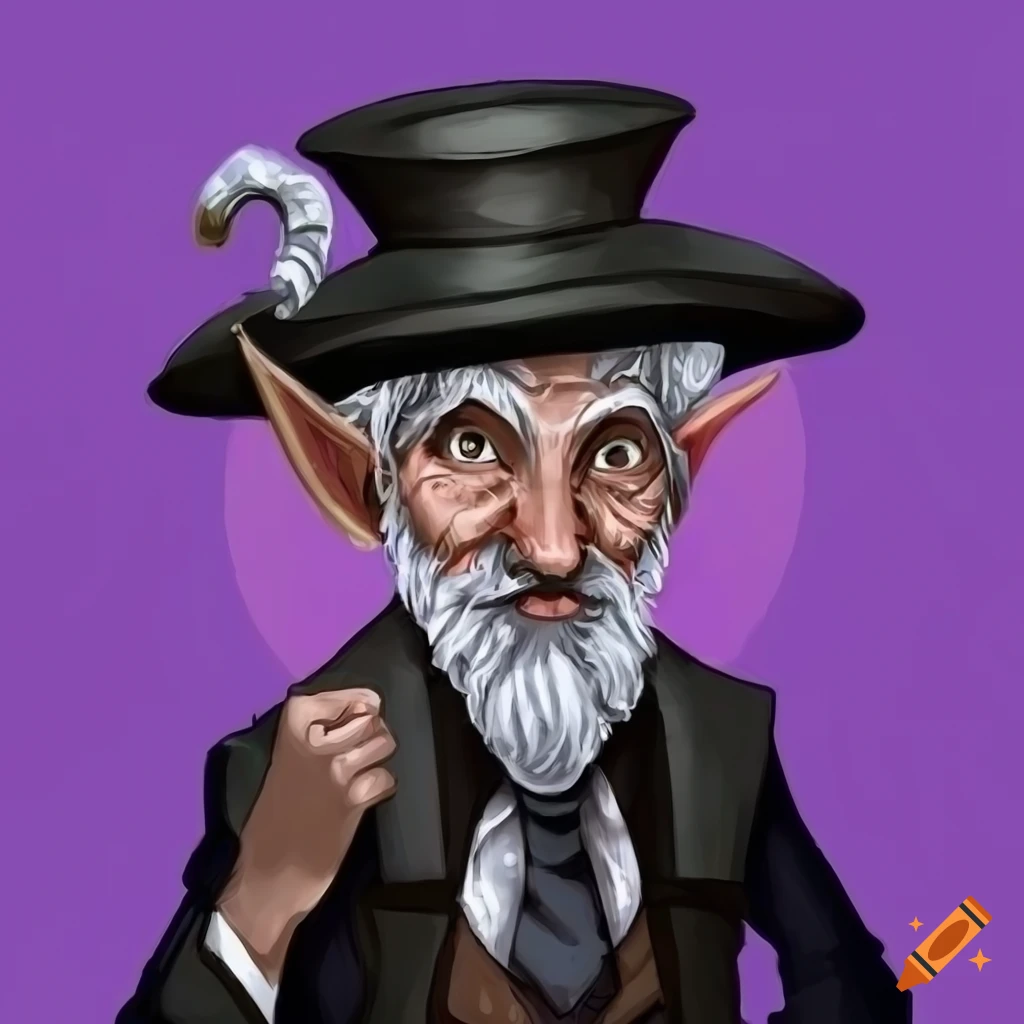 Gnome bard in style of dnd with grey hair, black suit and tie wearing a ...