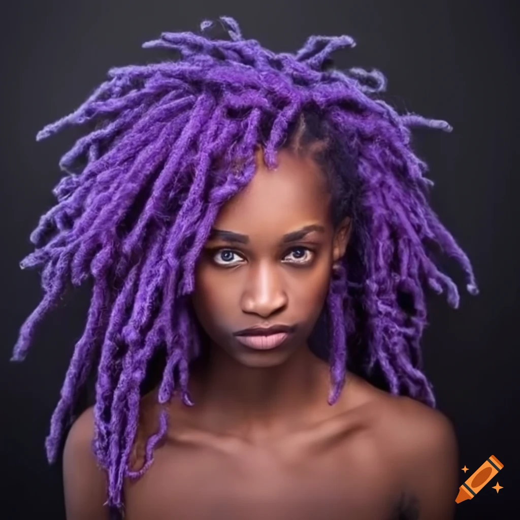 Black woman with violet dreadlocks with a black background on Craiyon