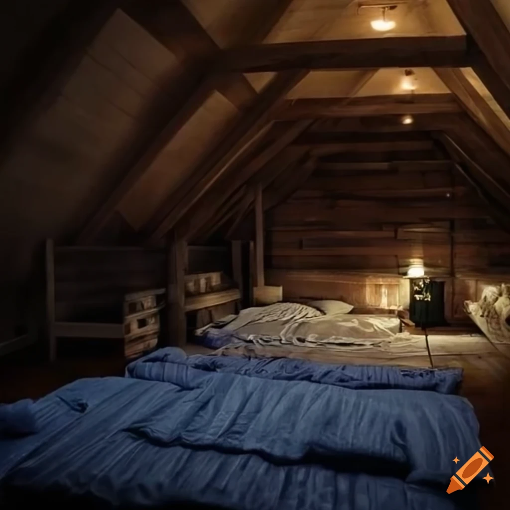 Big attic with a lot of beds of a big house in the night, realistic on ...