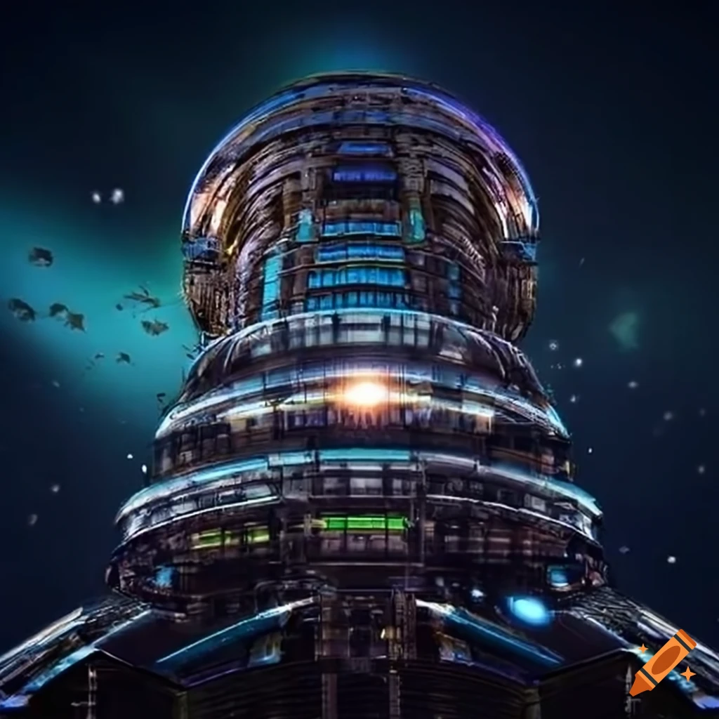 Nestled amidst a vibrant planetary metropolis, the Space Fleet Headquarters rises like a ...