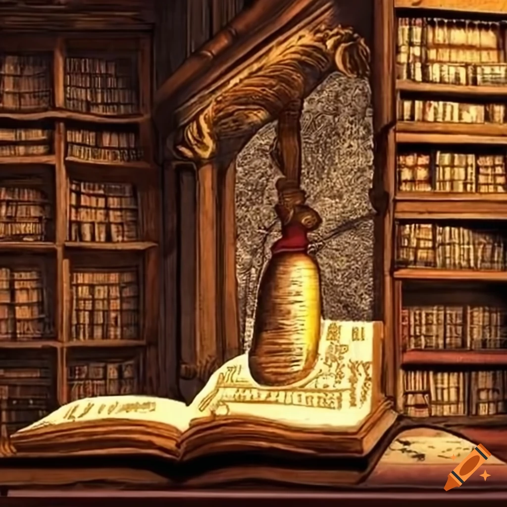 Illustrate ancient library with scribes that copies information