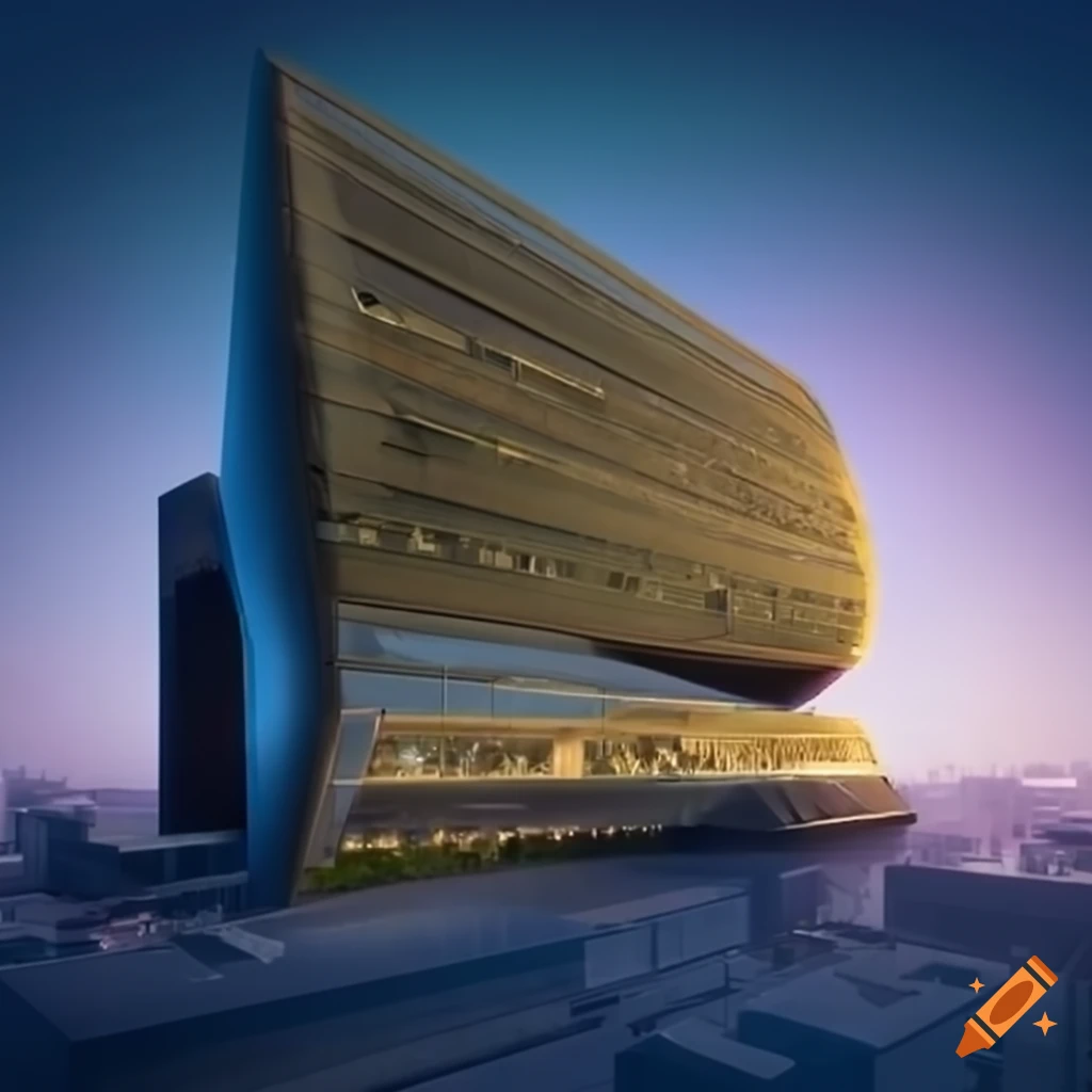 Generate an image of a futuristic tech company headquarters with a ...