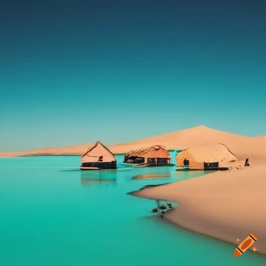 Desert huts next to giant sand dunes and a stream of turquoise water