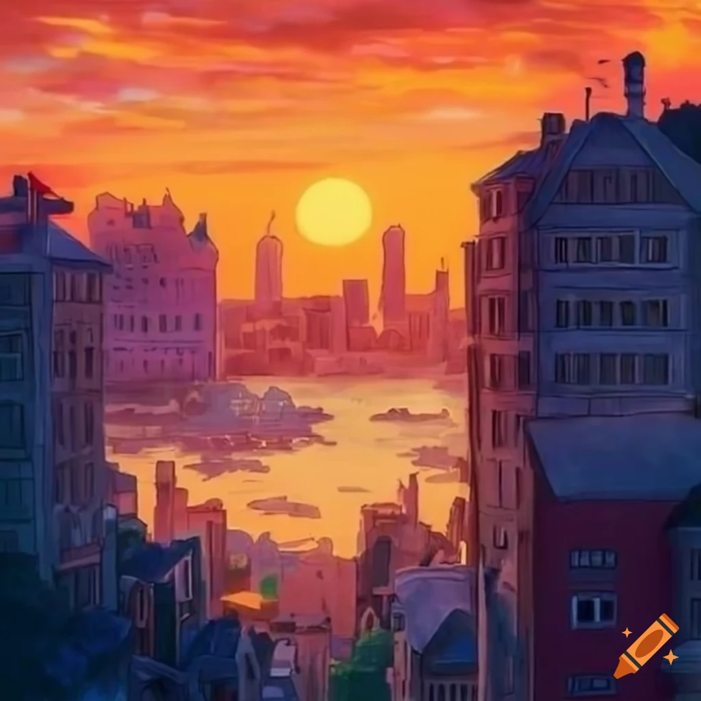 Studio ghibli, sunset, summer, city, back landscape on Craiyon