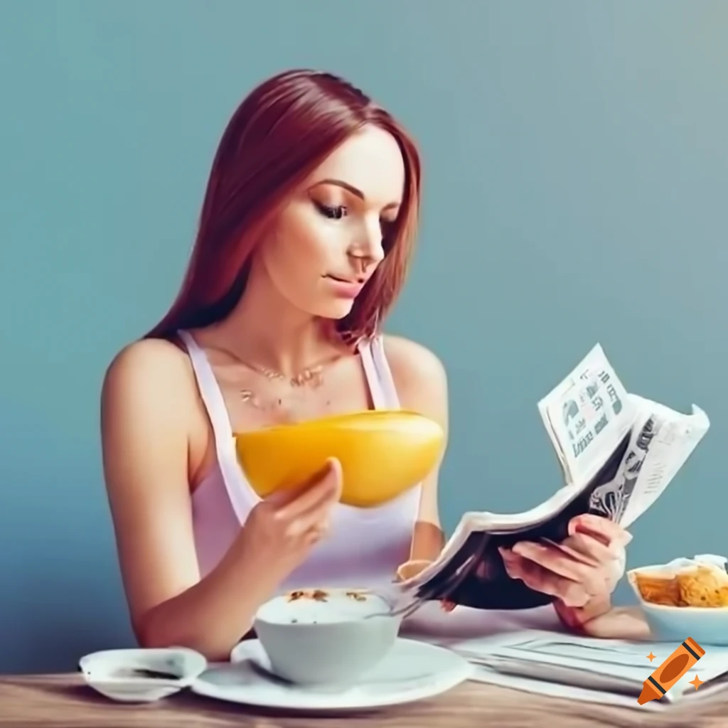 Woman enjoying breakfast before work reading the newspaper