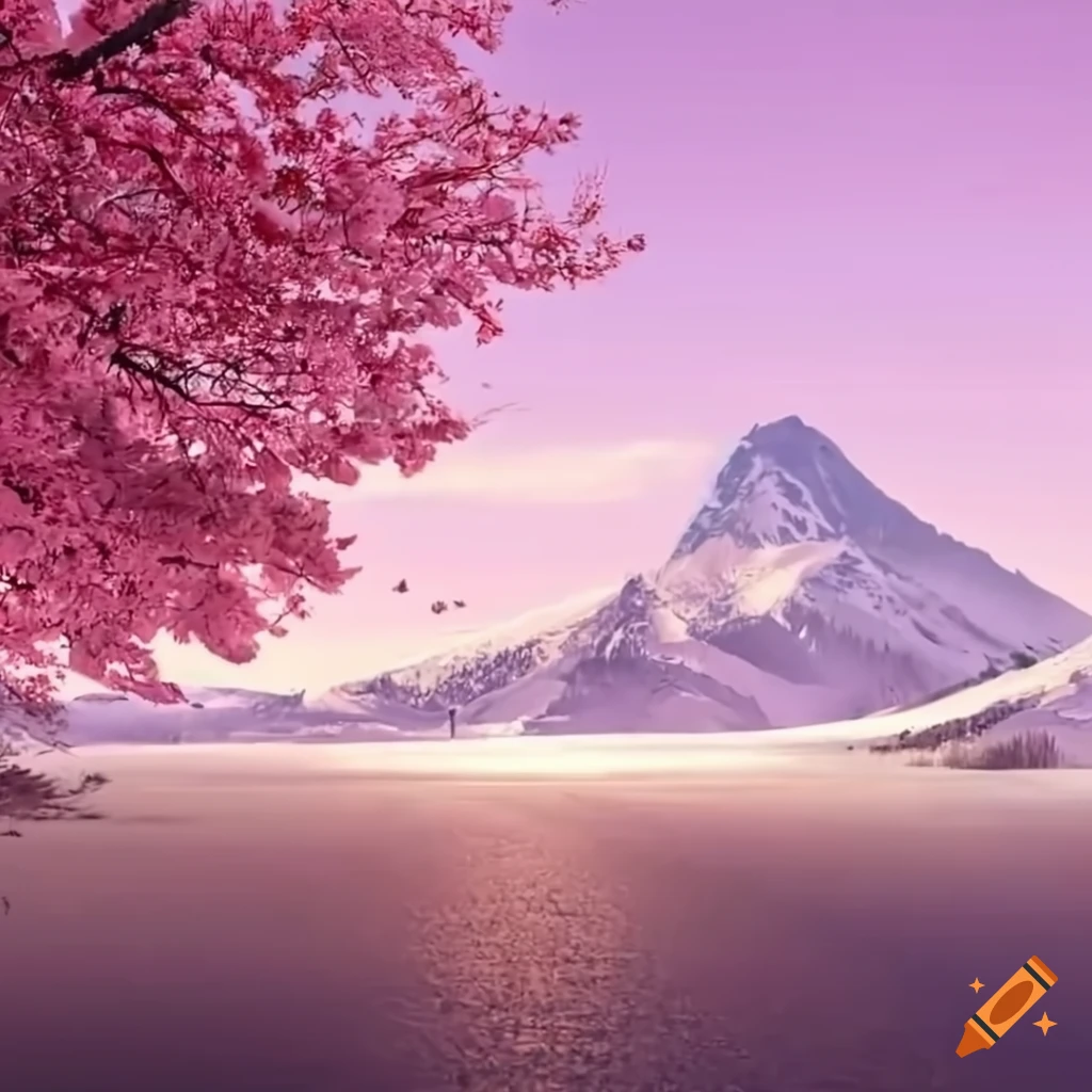 Nice view for sakura tree on front of snowy mountain 8k on Craiyon