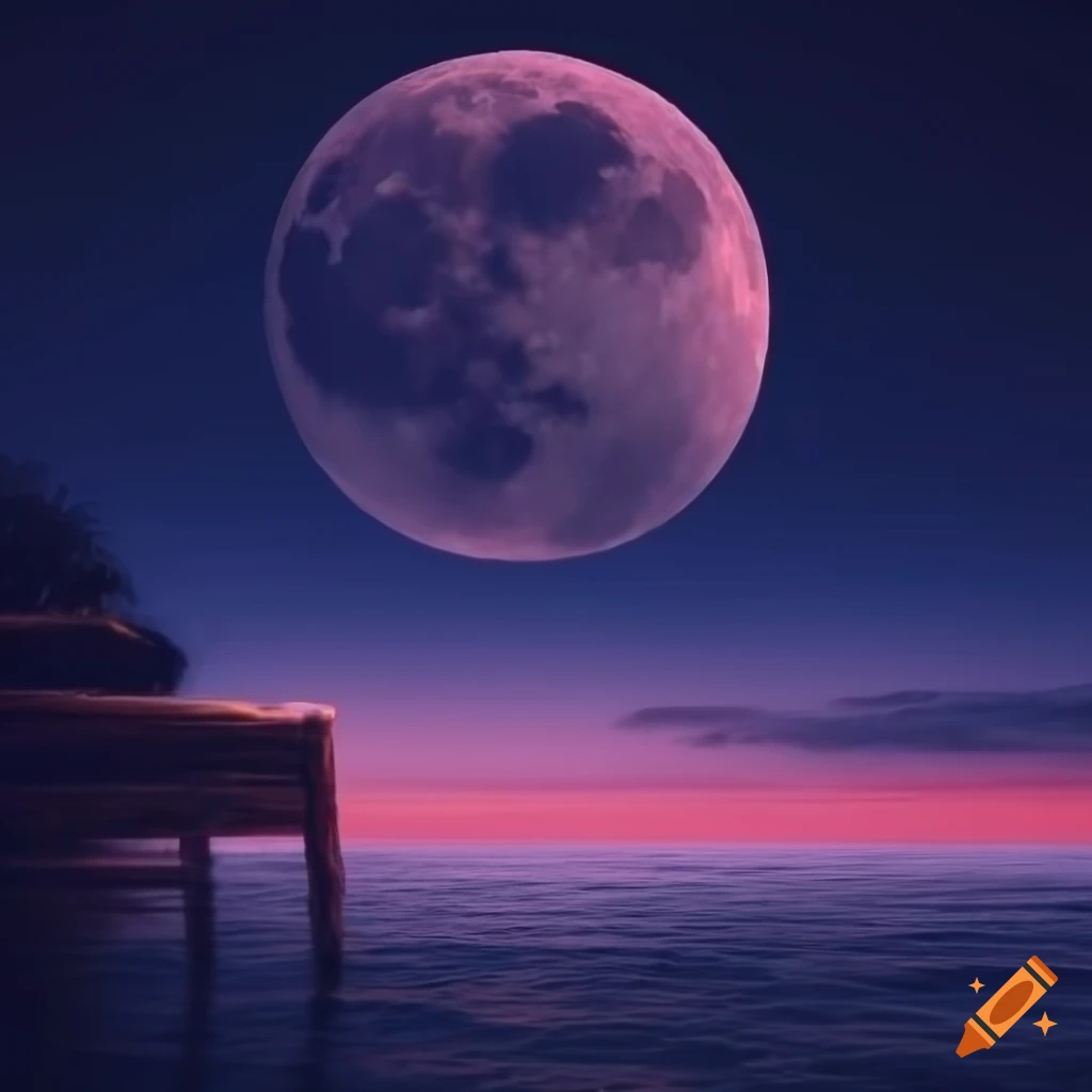 Night seashore, dawn is coming soon, full moon, cozy atmosphere