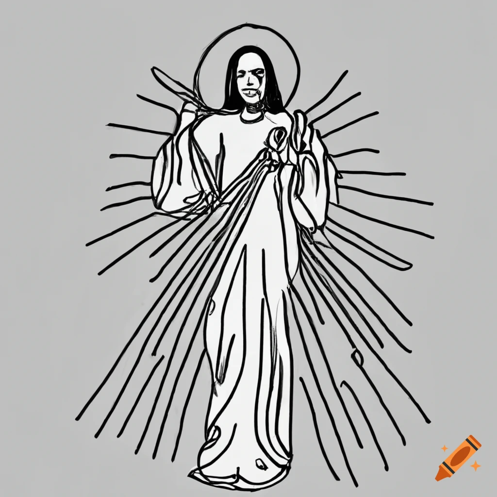 Drawing of Divine Mercy as a one line drawing, less detailed on Craiyon