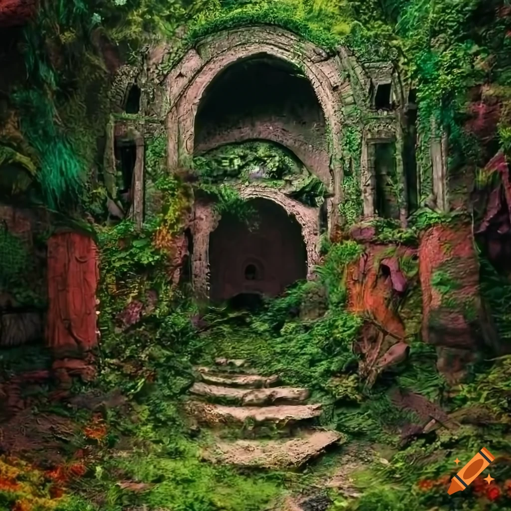 Entrance to mechanical ruins in Valley overgrown with colorful alien vegetation, maximum details ...