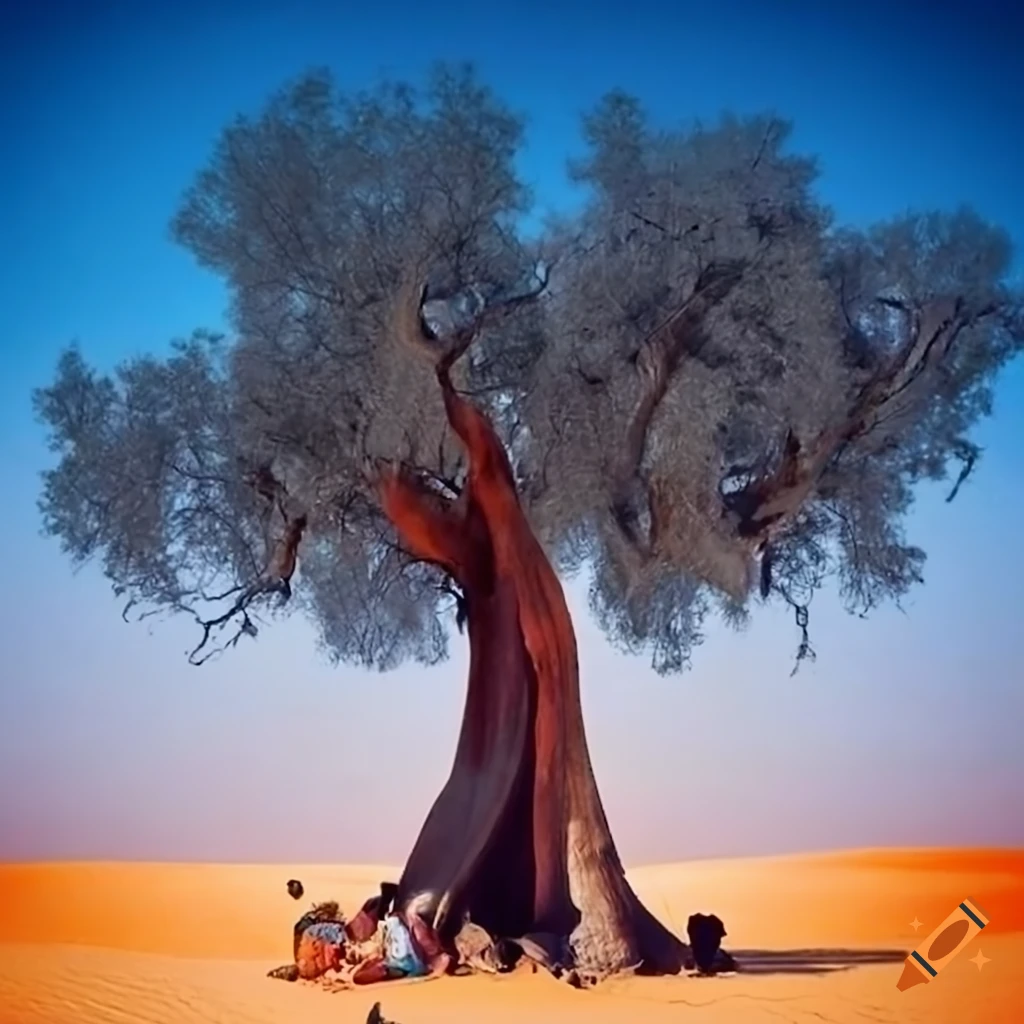 Color photo of an old olive tree standing alone in a vast desert ...