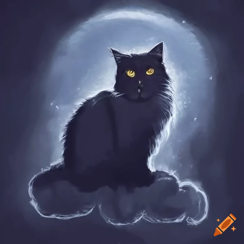Fluffy black cat sitting on a cloud looking at a night sky with a ...