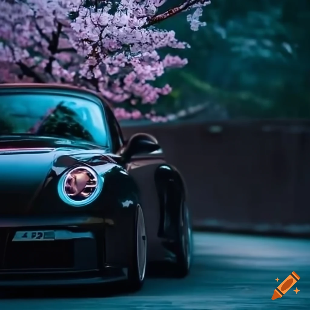 Zoomed out photo of a custom black porsche 911 on a japanese street ...