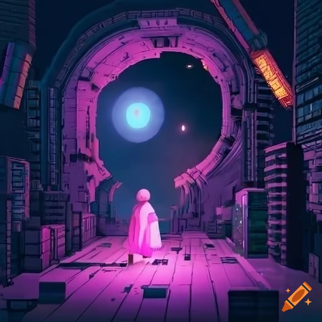 A wizard looking at the cosmos with 3d blocks like a space station ...