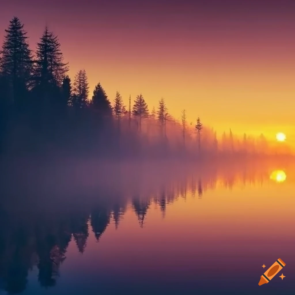 Forest with lake and mist in a sunset