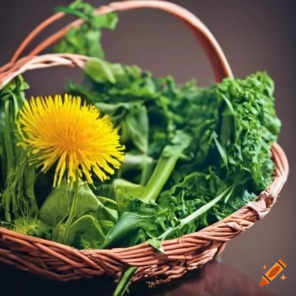Fresh harvested dandelion greens in a basket on Craiyon