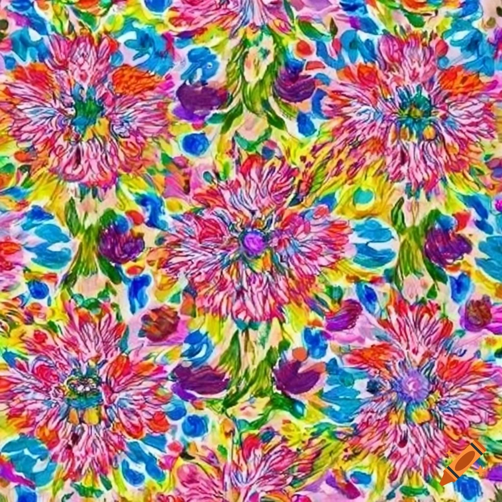 Vibrant colorful floral pattern detailed in colored pencil