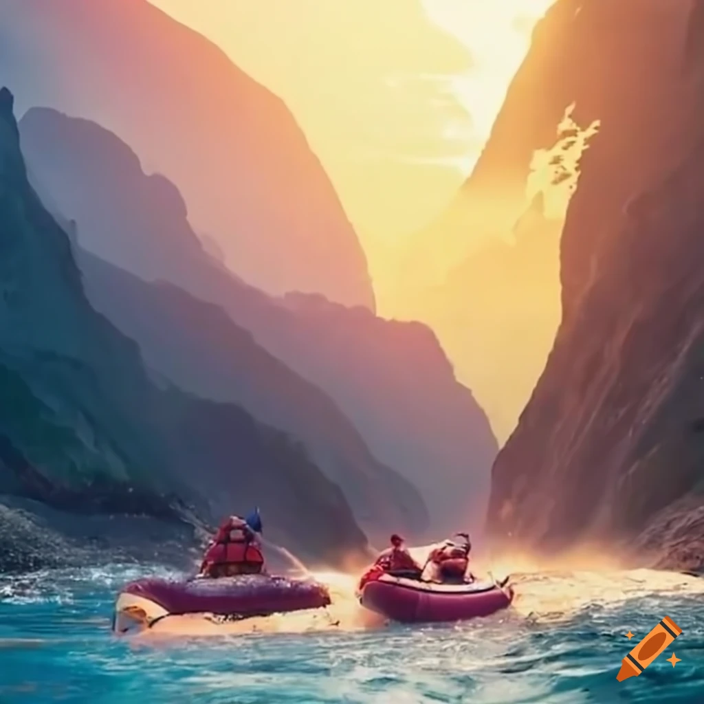 People rafting down a fast-moving river surrounded by mountains on Craiyon