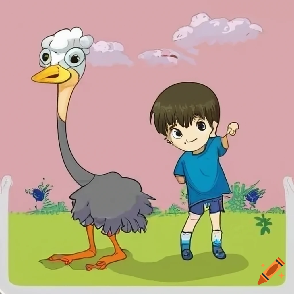 Kids book cover, boy and ostrich
