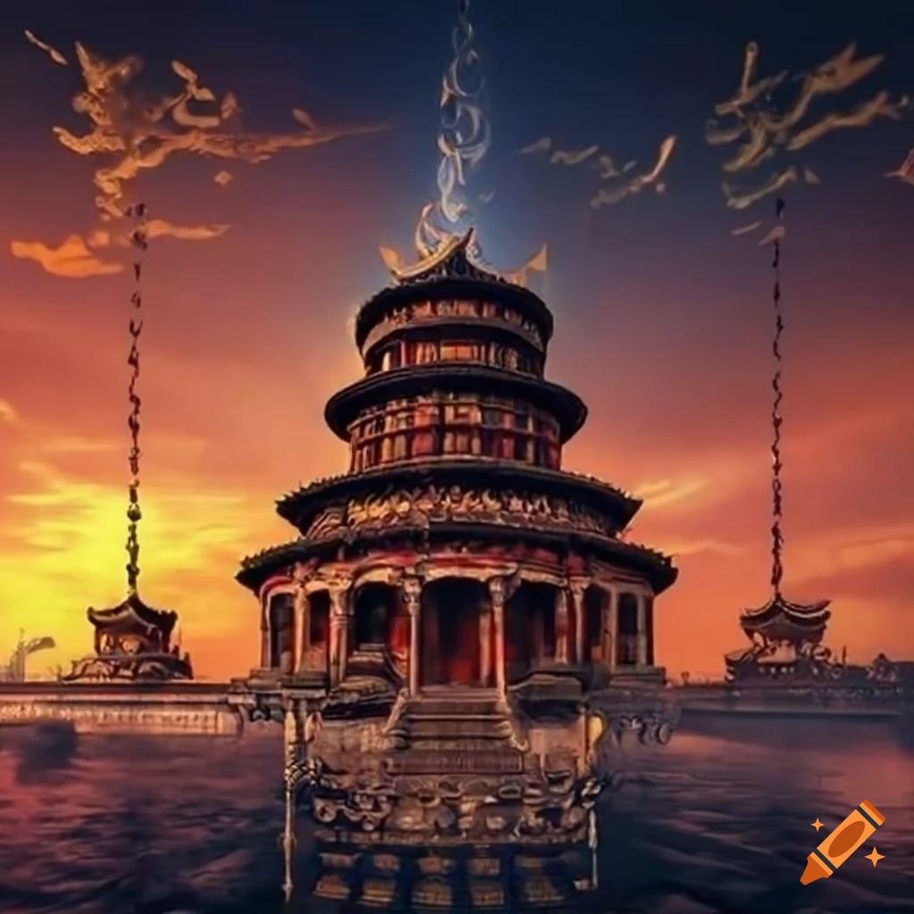 Chinese ancient style heaven's library building with flying dragons