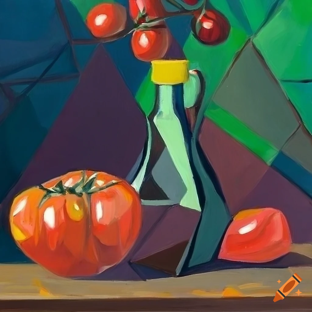 A wooden table topped with a bottle of olive oil and tomatoes, a still ...