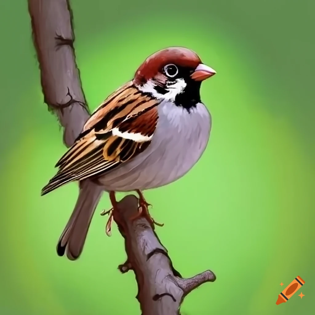 Little sparrow sitting on a branch in forest with green trees