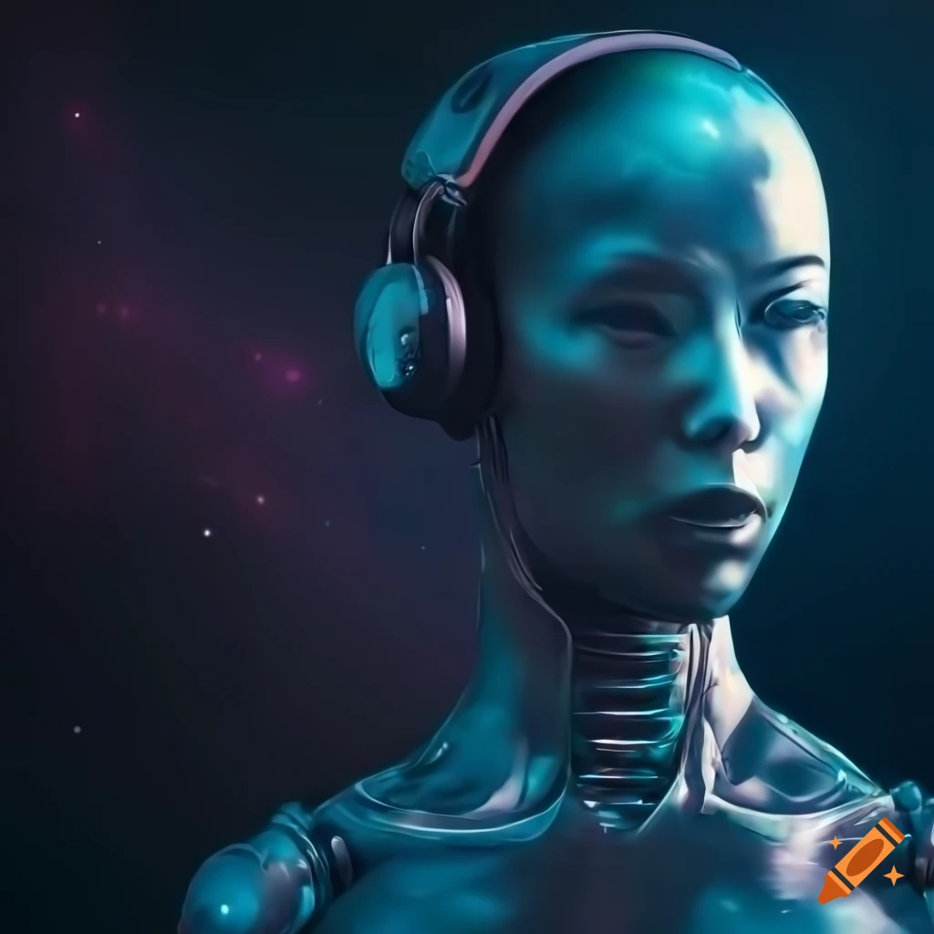Metal asian humanoid with headphones space background with galaxy in ...